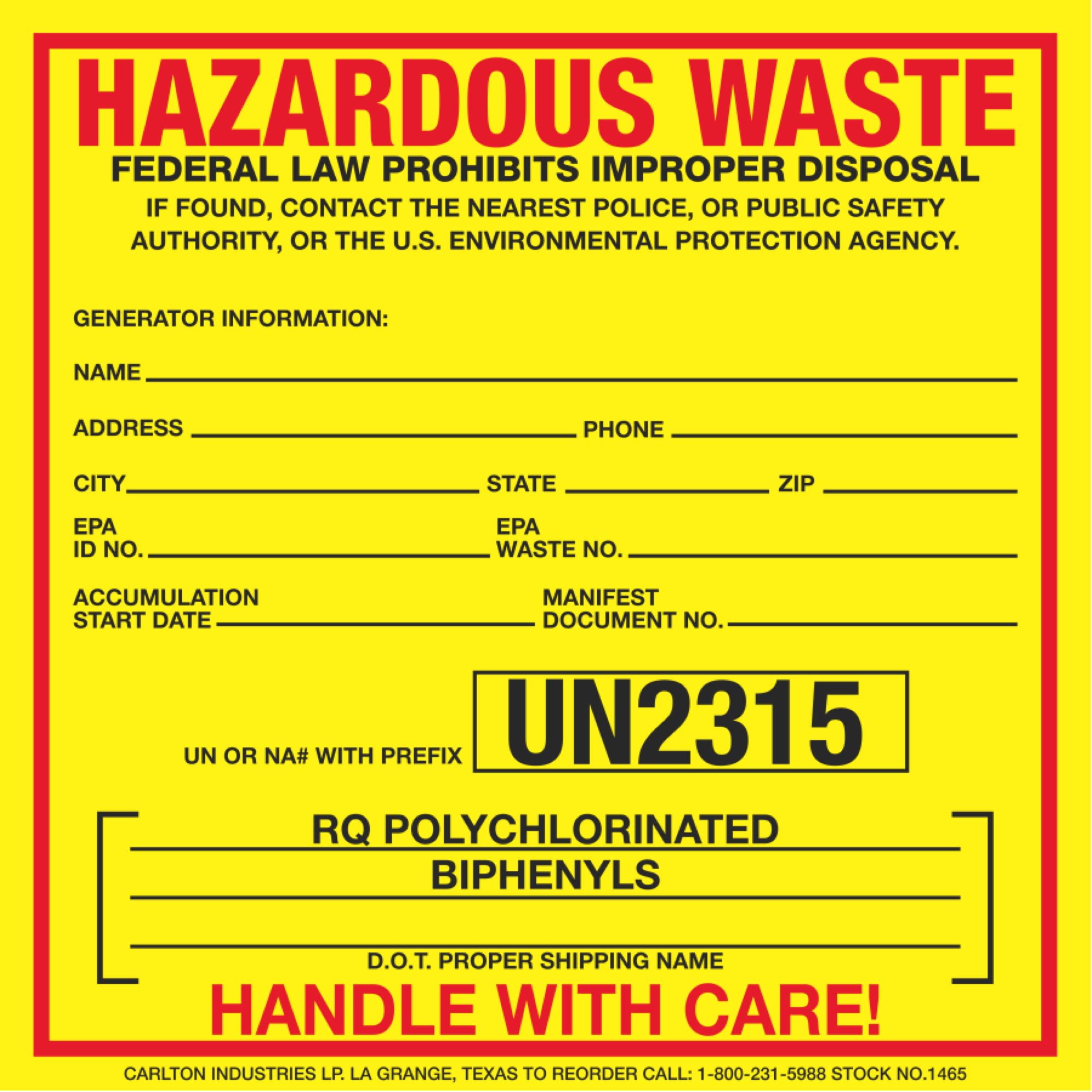Hazardous Waste Paper Label - UN2315 PCBs | Carlton Industries