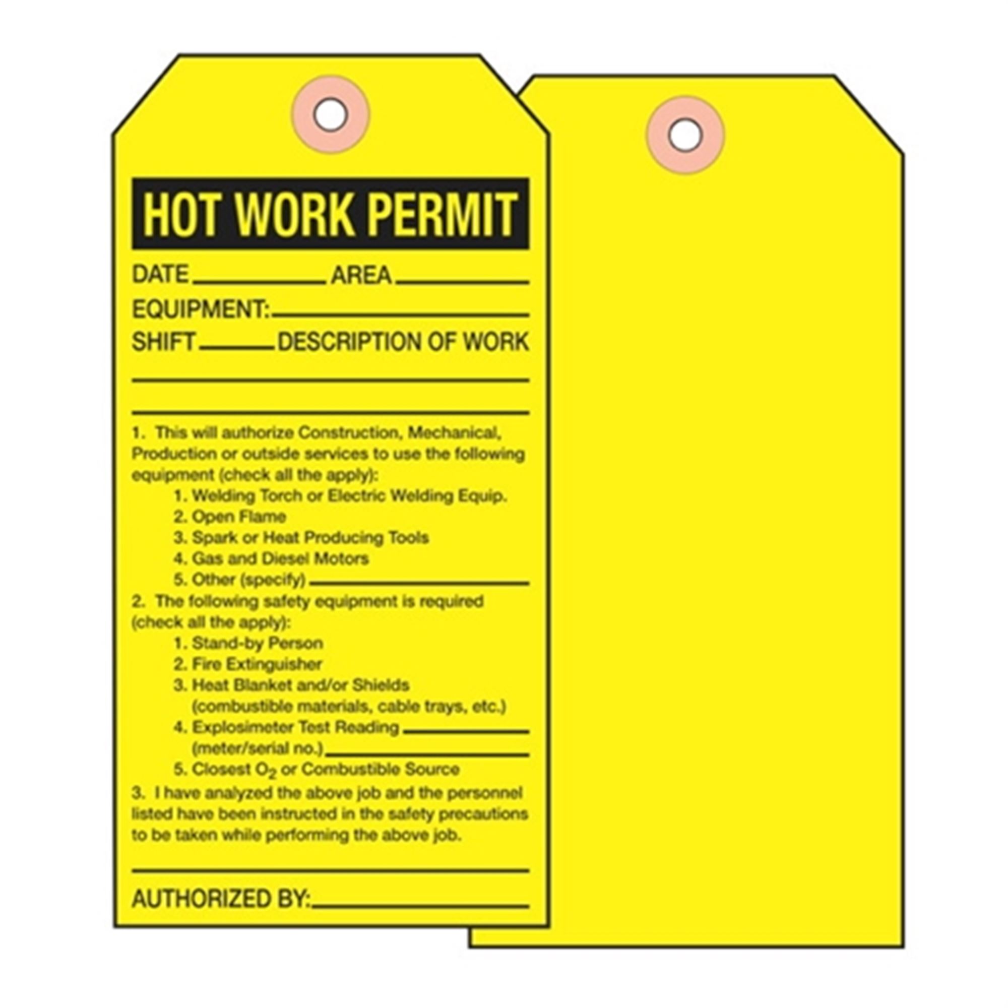 Hot Work Tags - Hot Work Permit - Cardstock 2.875 x 5.75