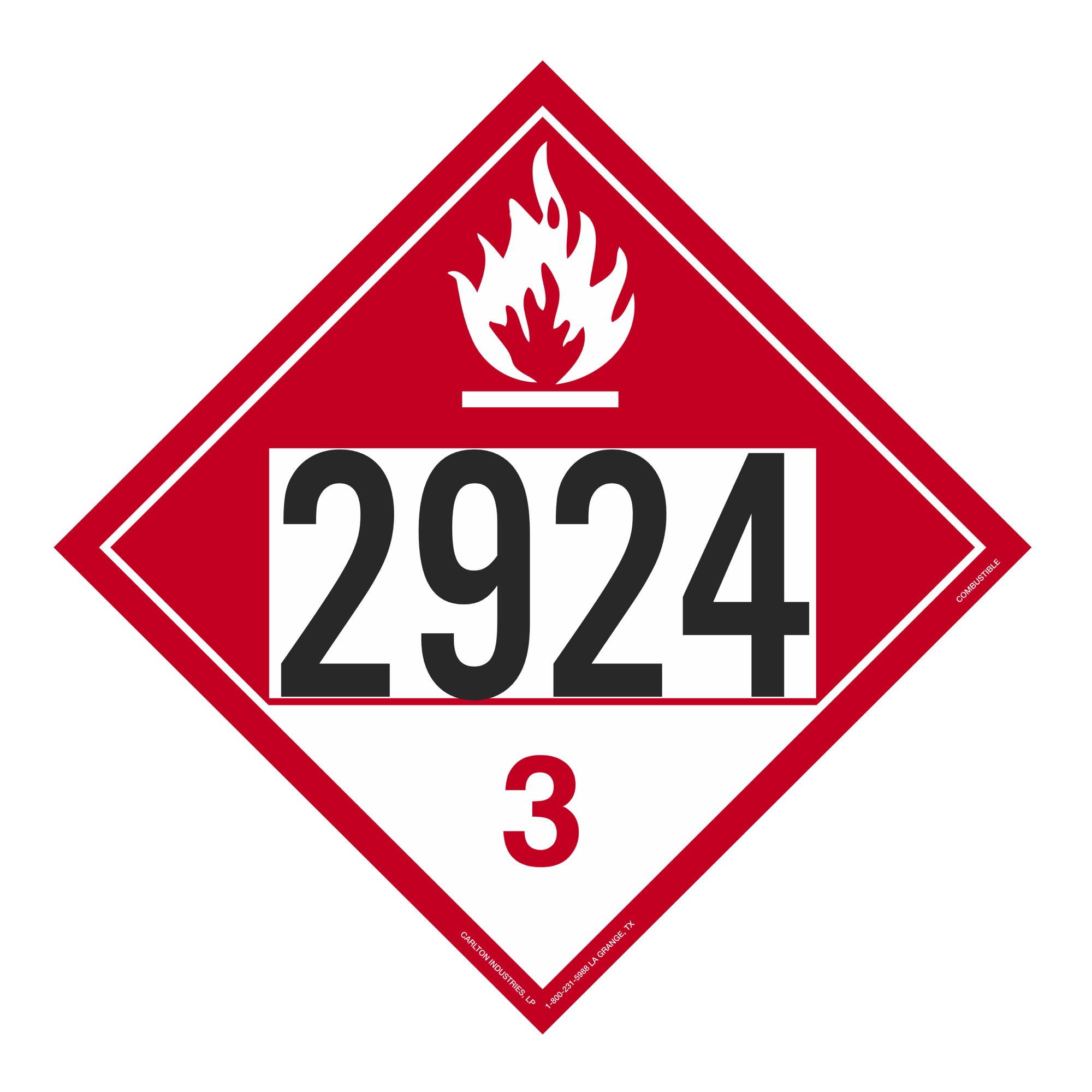 UN 2924 Combustable Stock Numbered Placard Carlton Industries UN 2924 Combustable Stock Numbered Placard Carlton Industries