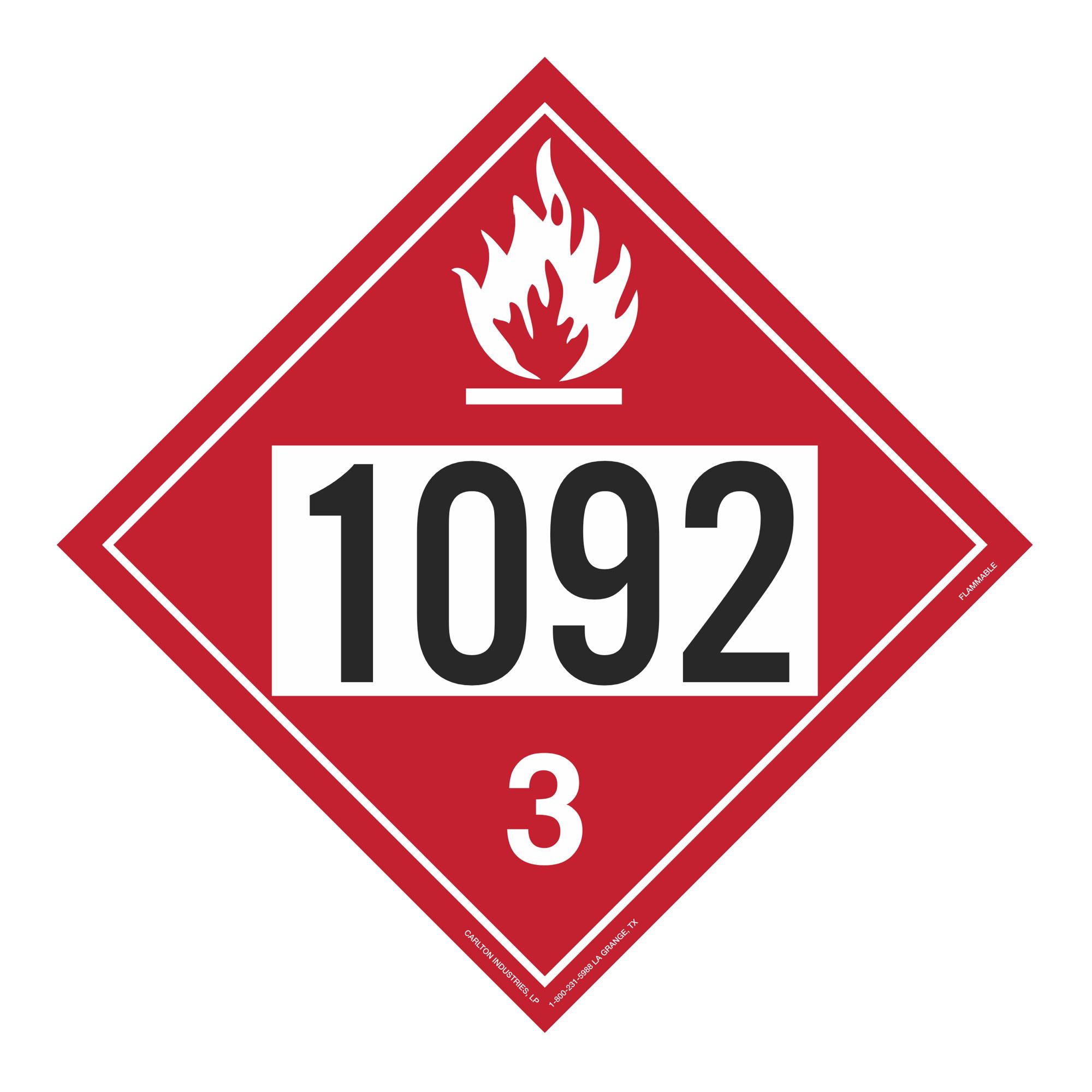 UN#1092 Flammable Stock Numbered Placard | Carlton Industries
