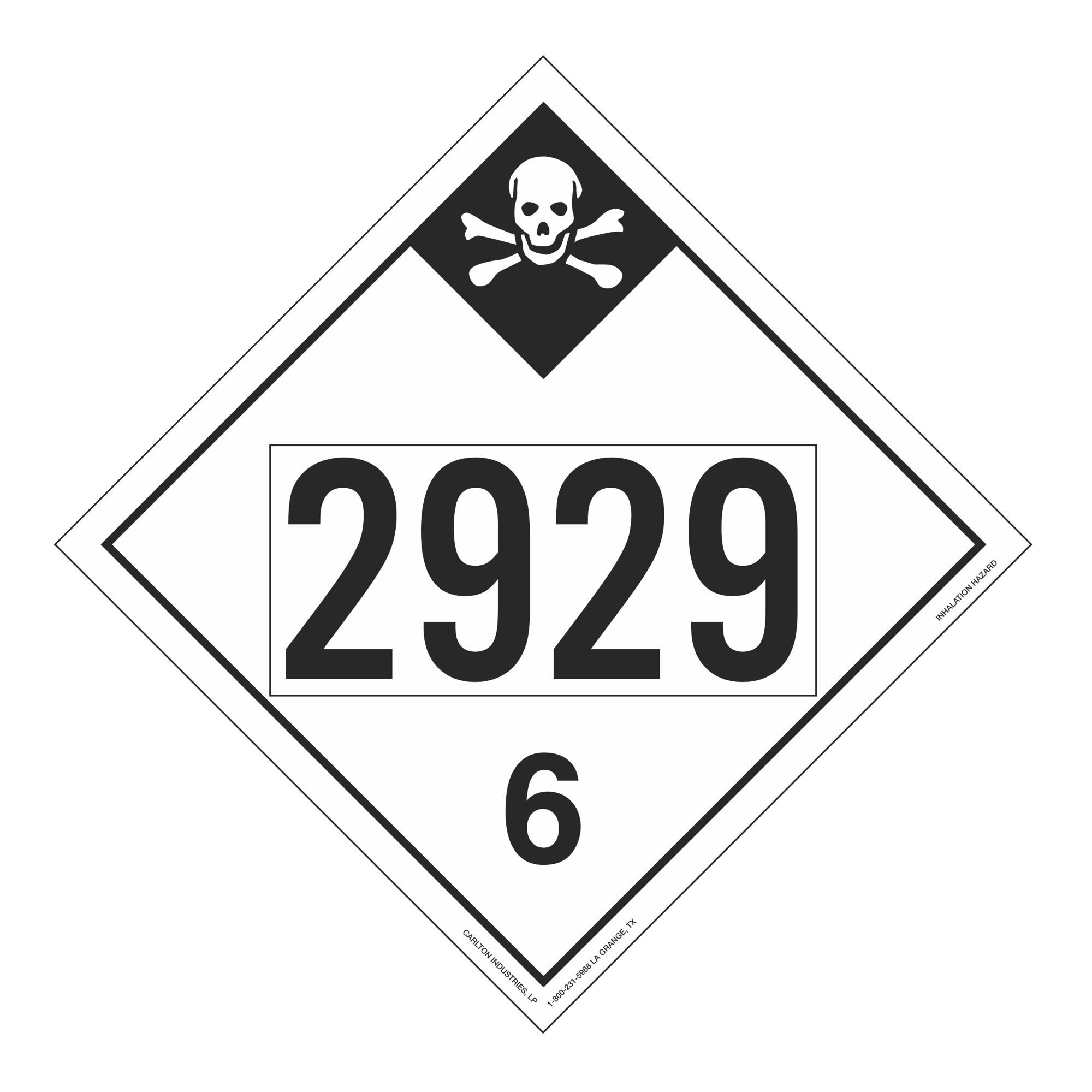 UN#2929 Poison Inhalation Hazard Numbered Placard | Carlton Industries