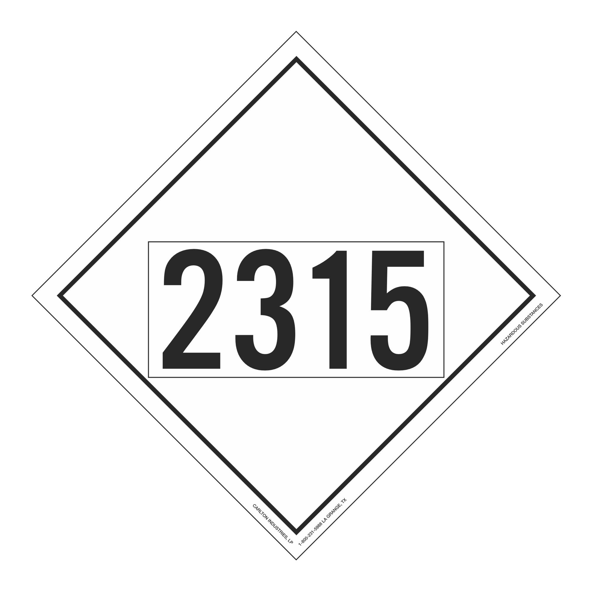 UN#2315 Hazardous Substance Stock Numbered Placard | Carlton Industries