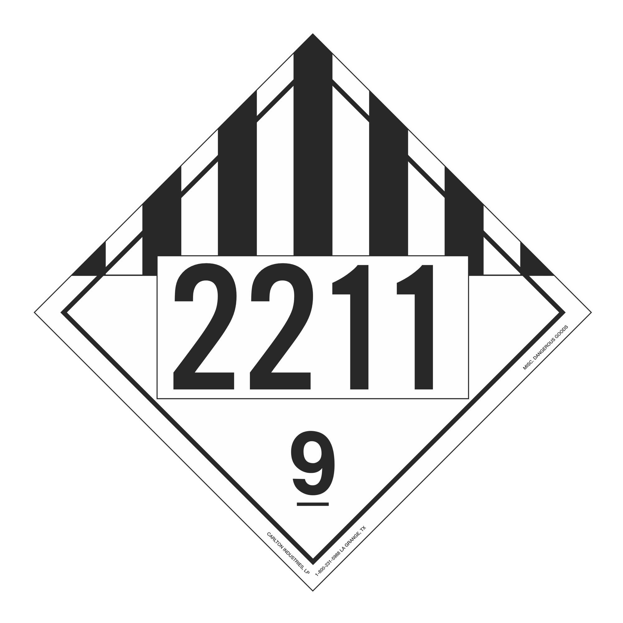 UN#2211 Class 9 Miscellaneous Numbered Placard | Carlton Industries