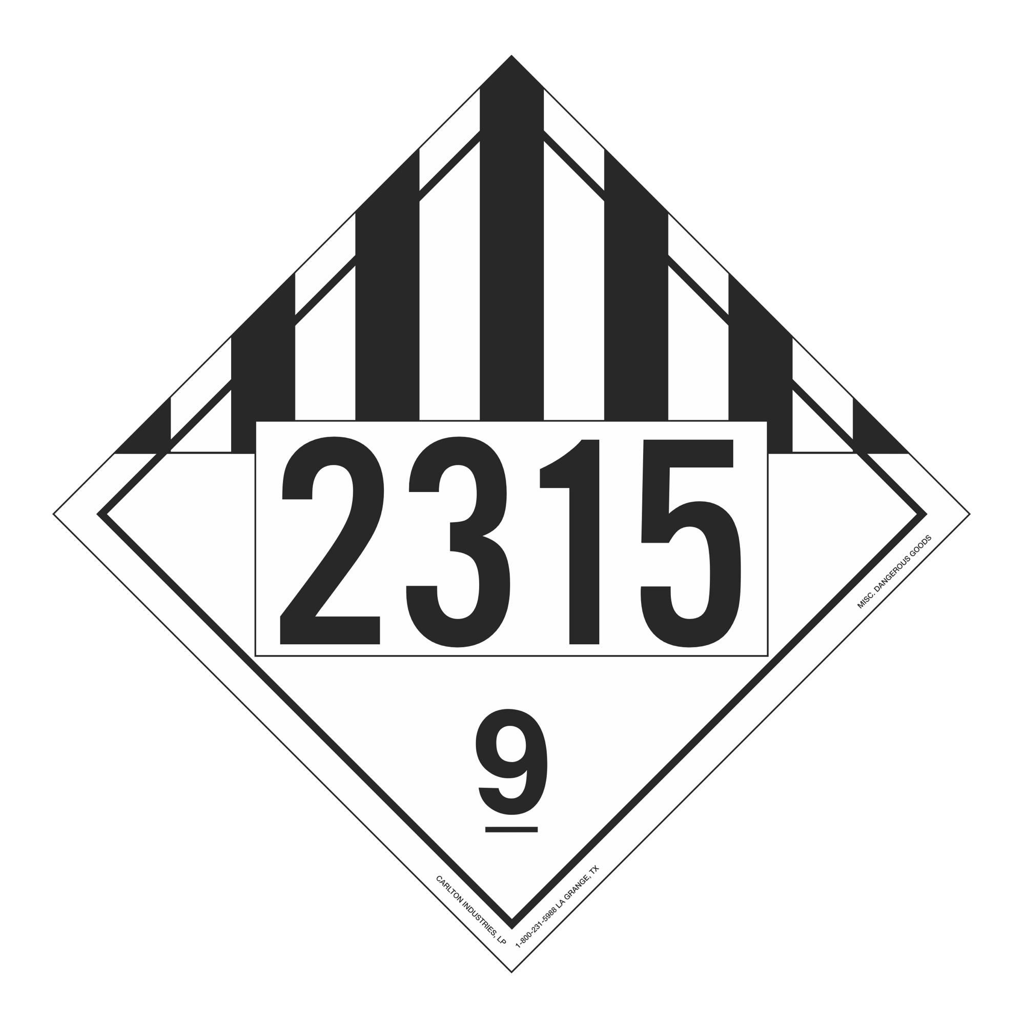 UN#2315 Class 9 Miscellaneous Numbered Placard | Carlton Industries