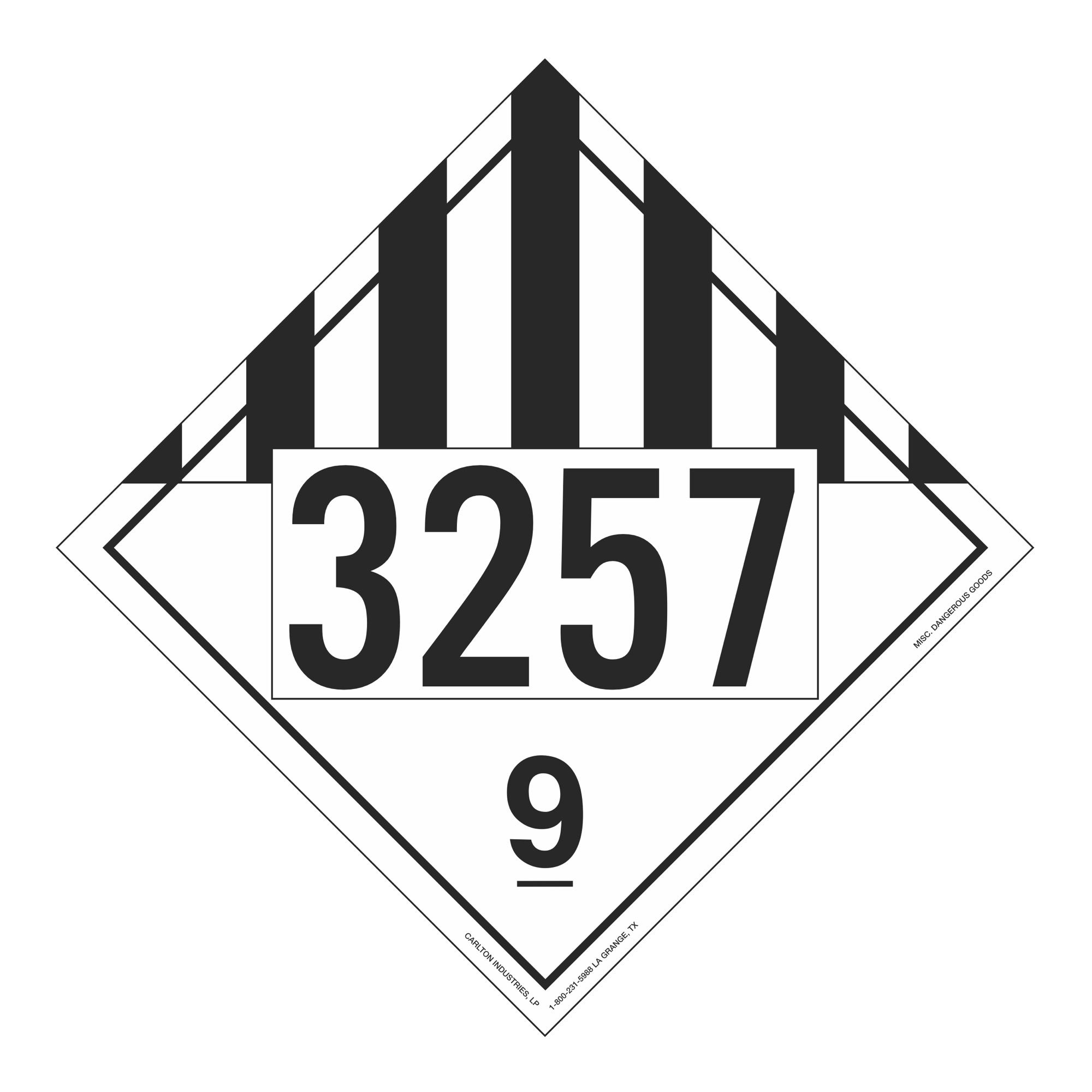 UN 3257 Class 9 Stock Numbered Placard Carlton Industries